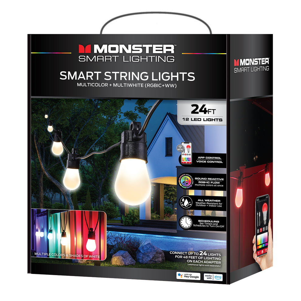 24ft Smart Sound Reactive Outdoor Dimmable LED String Lights, 12 Bulb ...