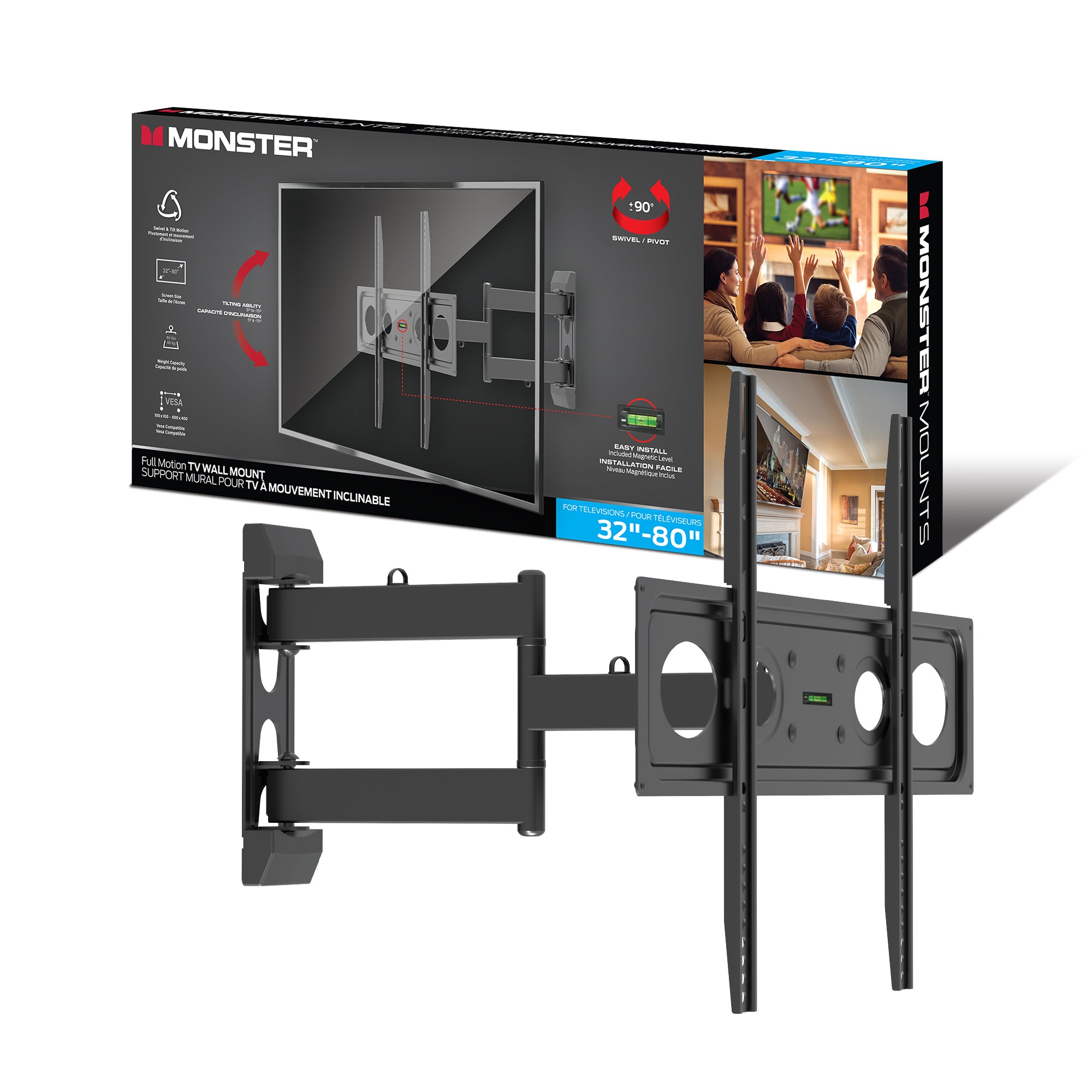 Monster Full Motion TV Mount for 32”-80” TVs up to 88 Lbs., Flat Panel ...
