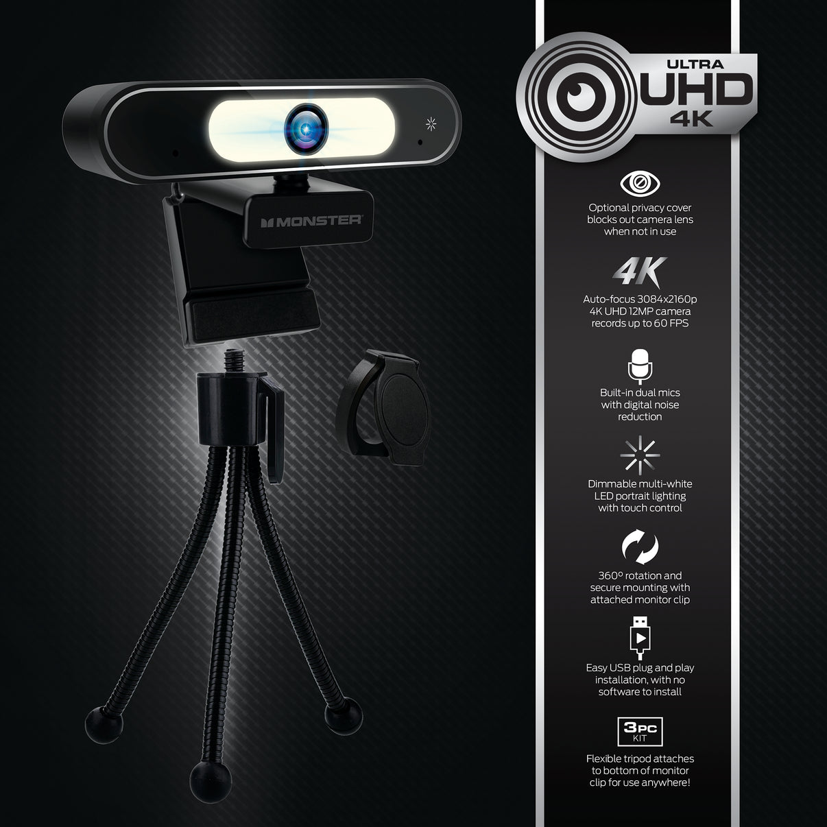 Premium 4K Insight Focus UHD Webcam, Flexible Tripod Included – Monster ...