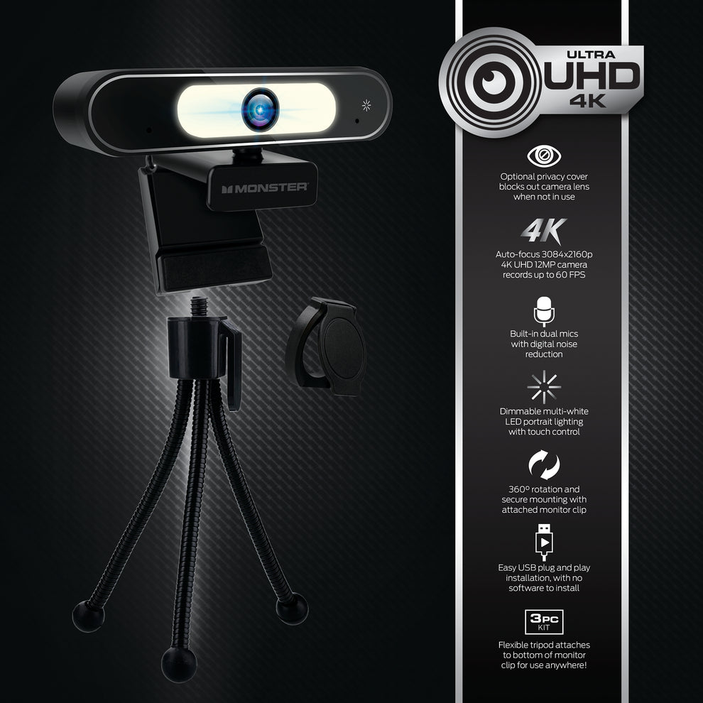 Premium 4K Insight Focus UHD Webcam, Flexible Tripod Included – Monster ...